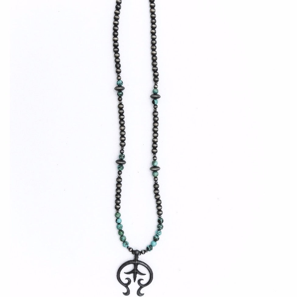 West and Co Necklace N1239 36in Faux Navajo Pearl Necklace with Naja Charm and Green Turq Accents