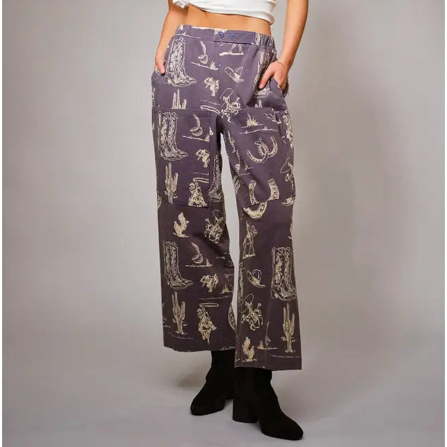 Women's Western Motif Wide Leg Cropped Pants in Washed Navy – Branded ...