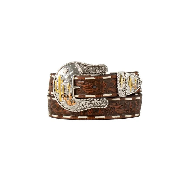 Angel Ranch Women's Desert Scene Floral Embossed Brown Leather Belt ...