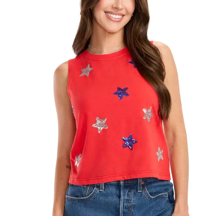 Women's Stars of Summer Sequin Cropped Tank Top in Red (Available in P ...